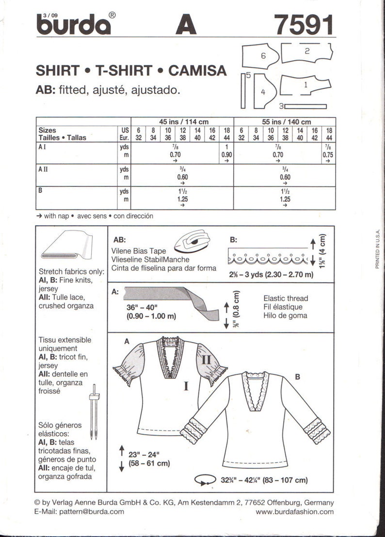 Burda 7591 Sewing Pattern Shirt Size 6-18 32-44 Uncut - Etsy