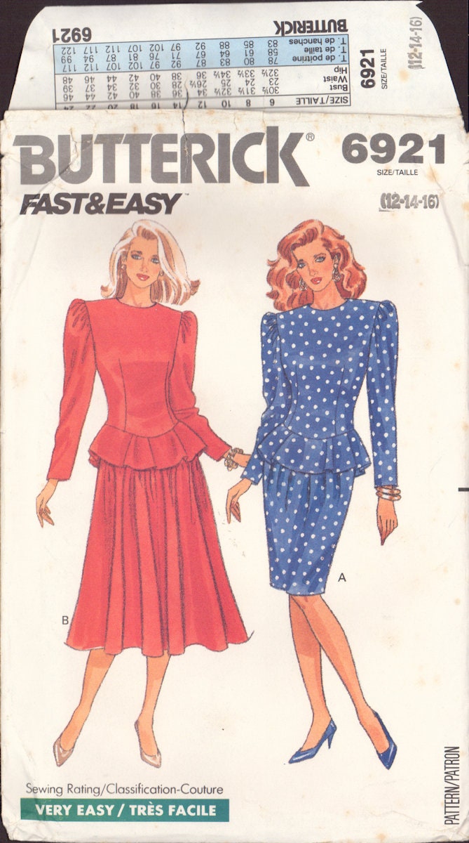Butterick 6921 Sewing Pattern, Top and Skirt, Size 12-14-16, Uncut ...