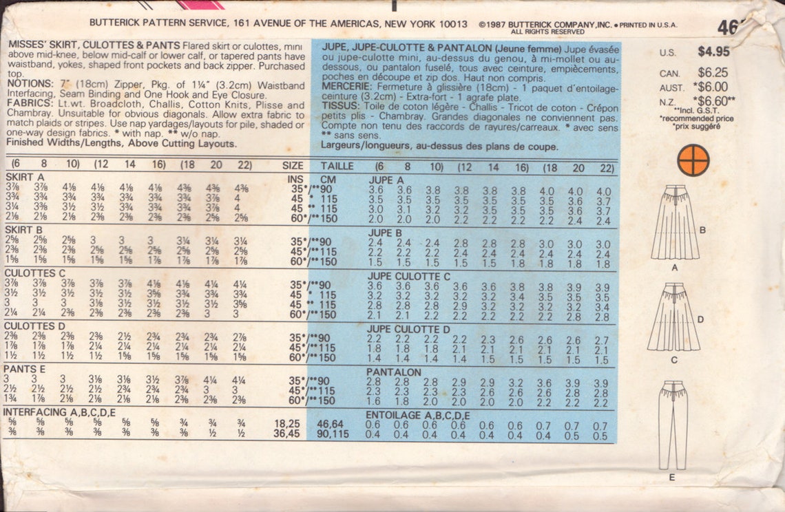 Butterick 4657 Sewing Pattern Skirt Culottes and Pants Size - Etsy