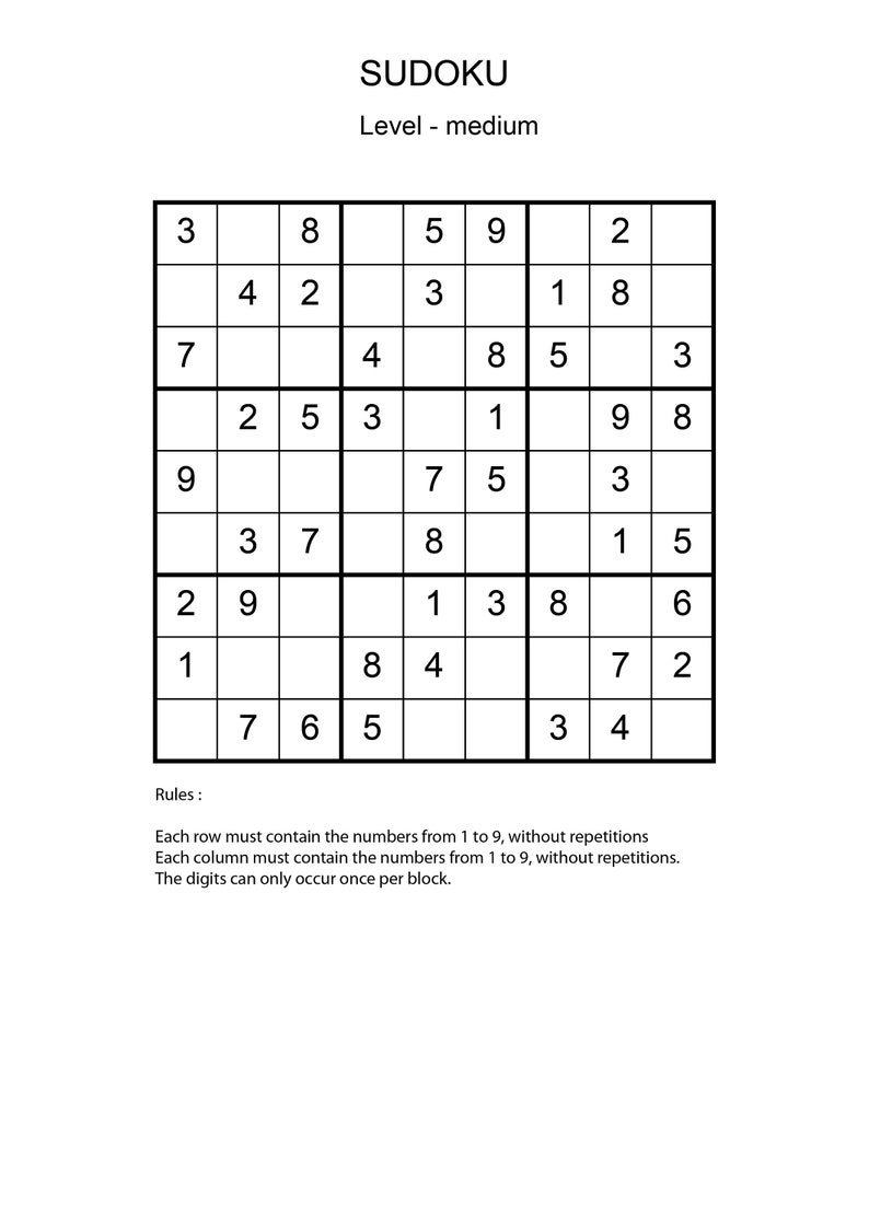 Sudoku Medium Level Instant Download Printable Puzzle Game - Etsy