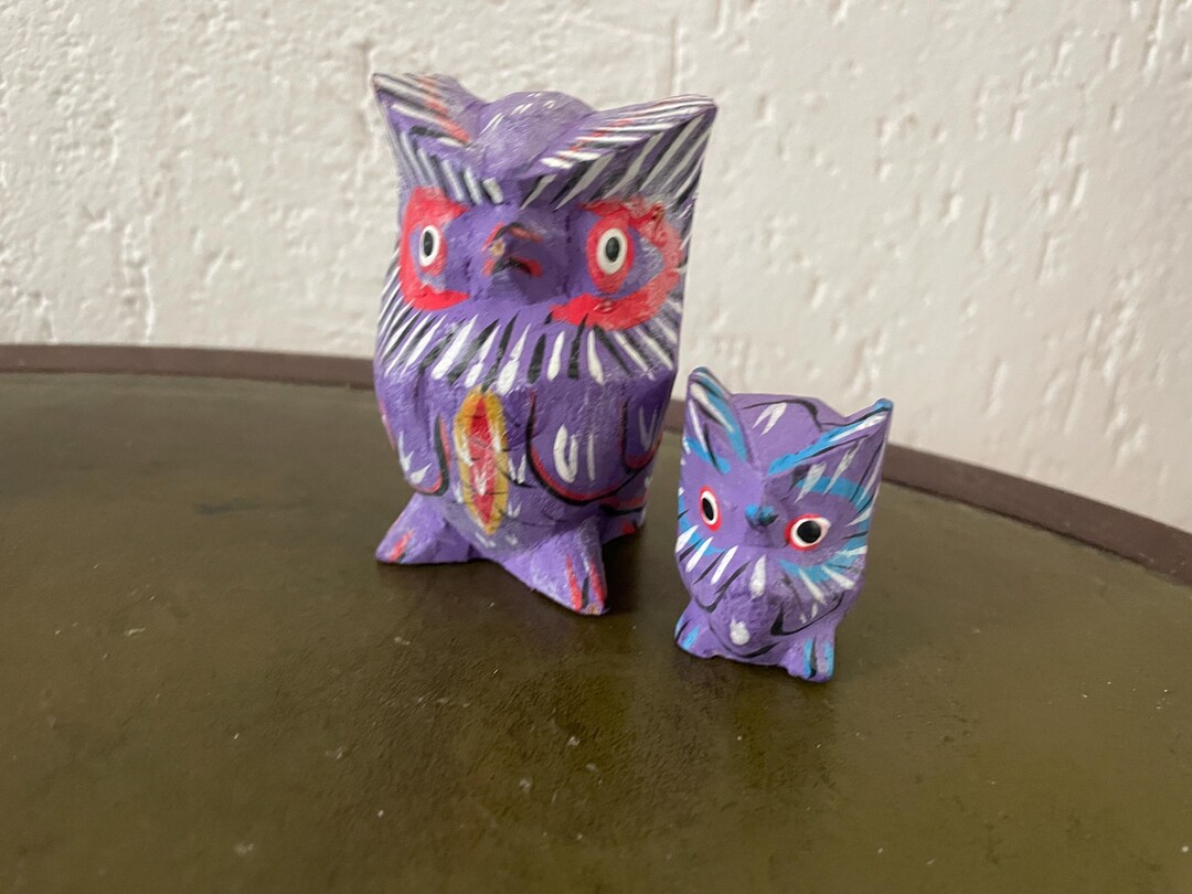 Bali Indonesia Set/2 Purple Owls Wood Handpainted 8+4 Cm (3+1.5") Good ...