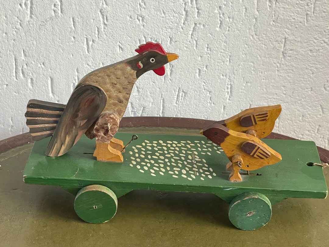 Wooden Pull Wagon With Chickens - Pecking Chickens Vintage Wooden Toy ...
