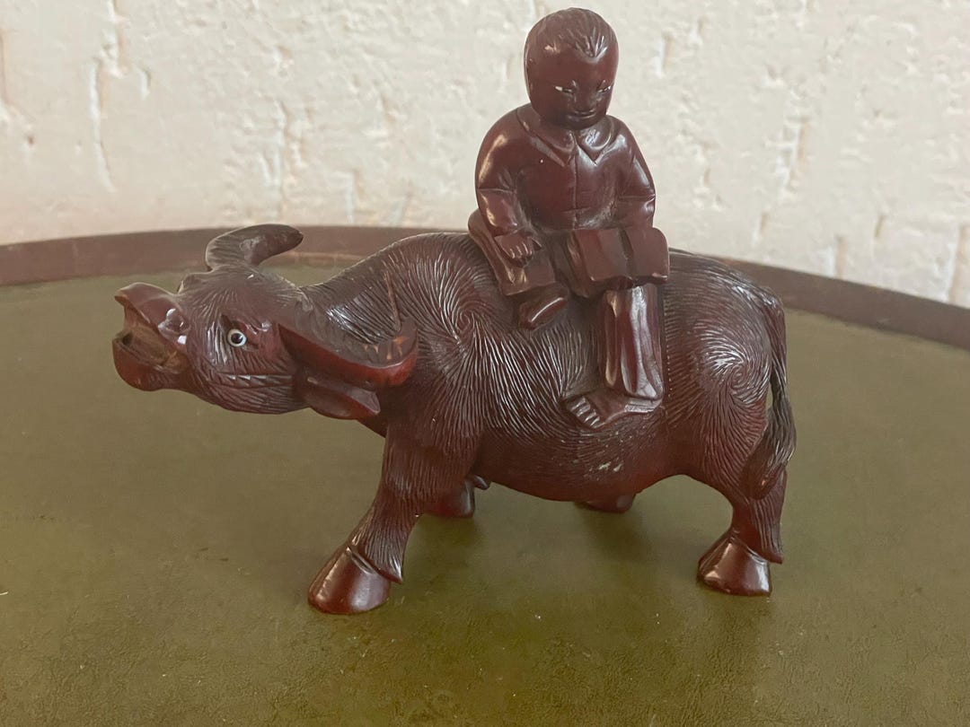 Solid Wood Statue China Reading Boy on Water Buffalo (carabao) Approx ...