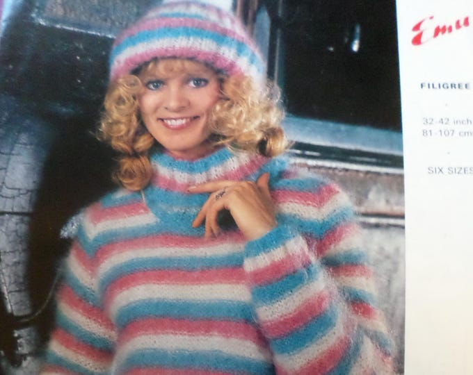 Vintage Emu Knitting Pattern 3124 Ladies Filigree Jumper and Hat Bust ...
