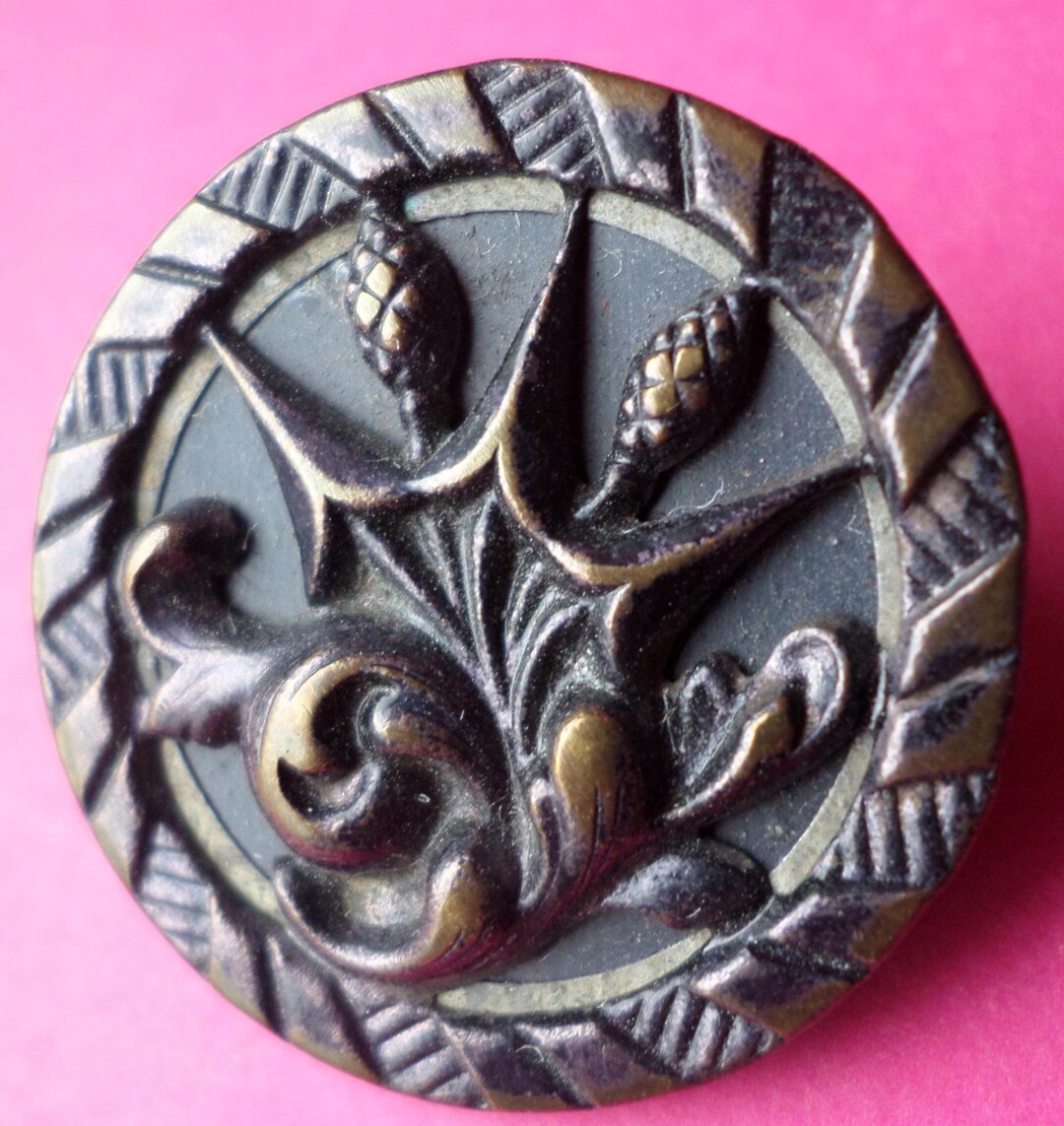 Antique Metal Button With Floral Detail Has Japanned Base and Loop ...