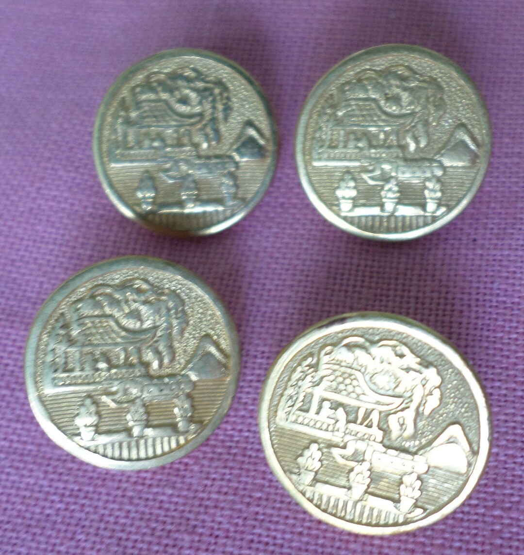 Set of Gold Coloured Brass Buttons Depicting Japanese Scene Has Loop ...