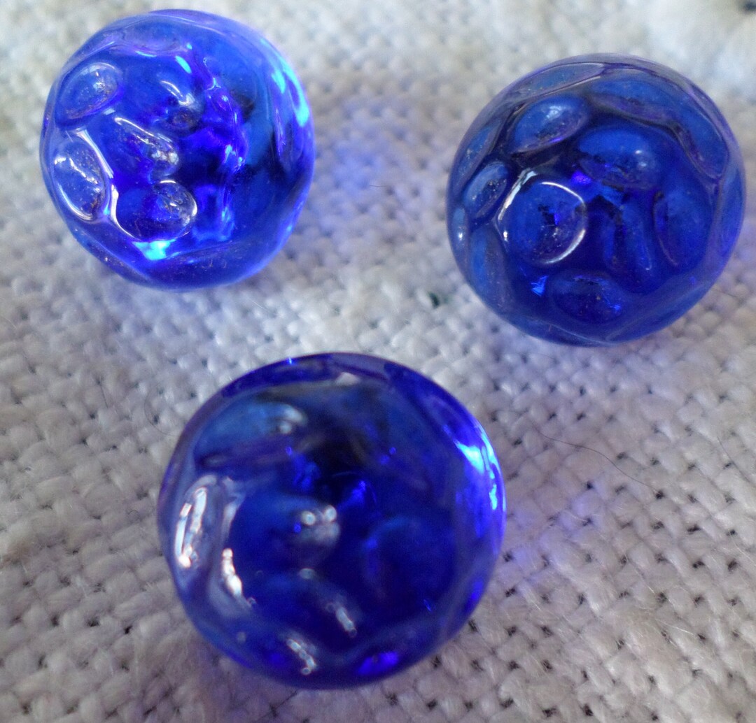 3 Cobalt Blue Glass Buttons With Top Detail With Brass Loop Shank ...