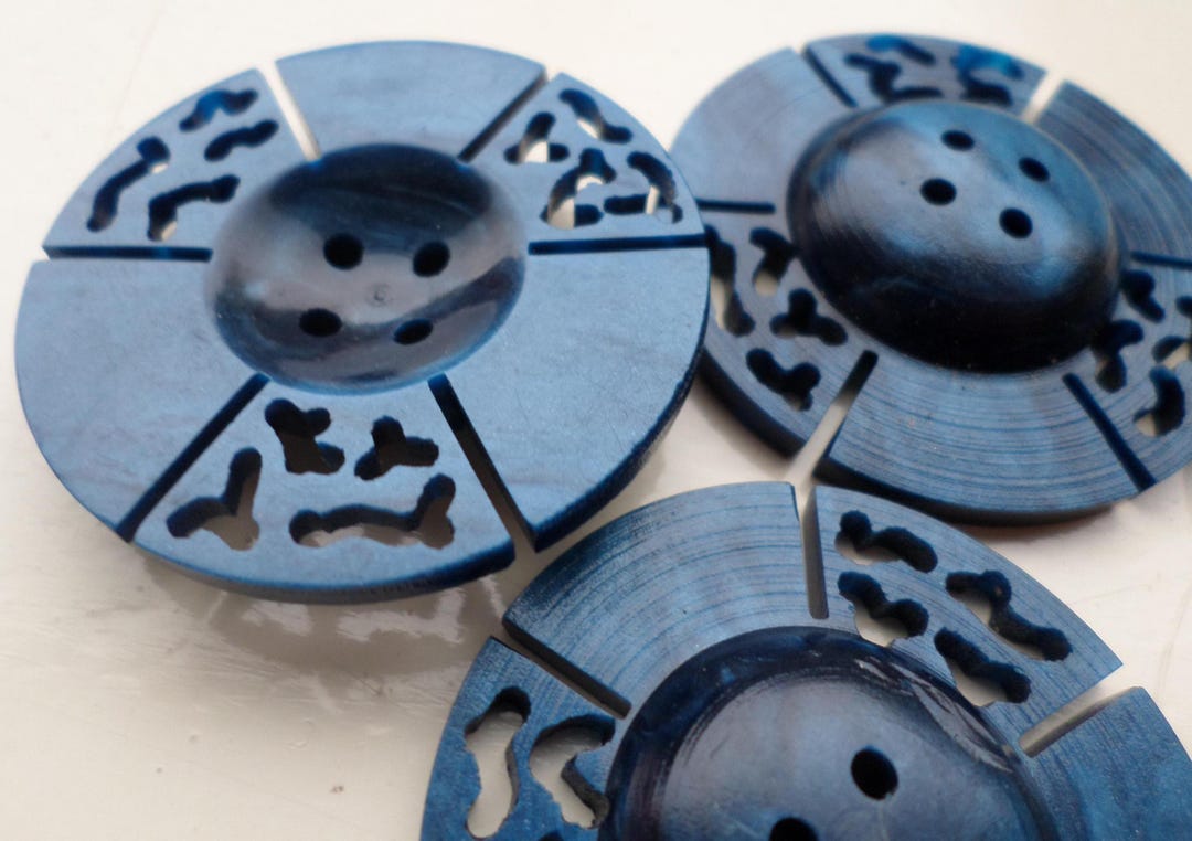 Set of 5 Vintage Pierced Blue Casein Plastic Jacket or Dress Buttons With Raised Centre Detail 1 ...