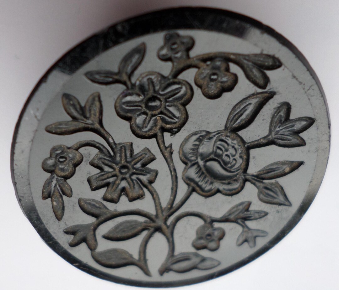 Antique Black Glass Jacobean Floral Button With Brass Loop Shank ...