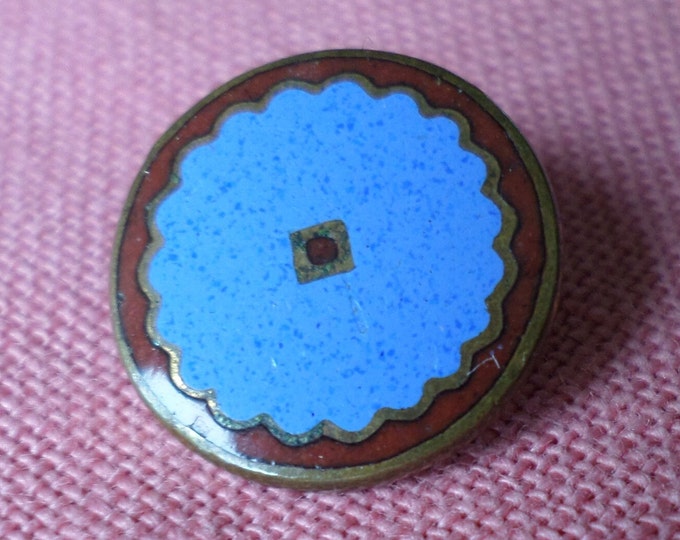 Antique Blue Enamel Metal Button With Red Edge and Centre Detail U ...