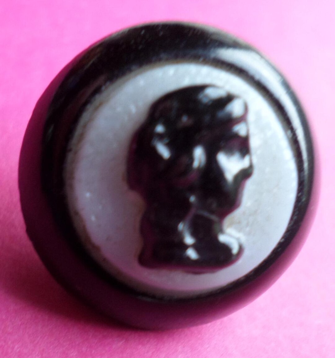 Antique Glass Cameo Button Encased in Black Japanned Metal With Glass ...