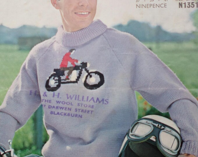 Vintage Lister Knitting Pattern N1351 Mans Motor Cycle Sweater 37" - 42 ...