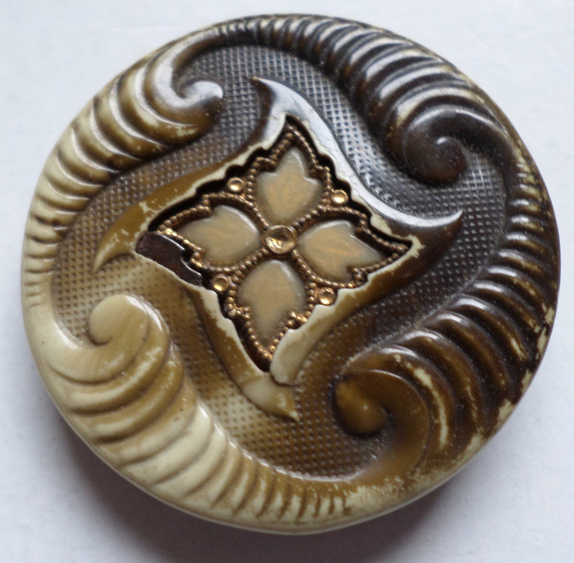 Antique Celluloid Button With Pressed Detail is Self Shank and Has ...