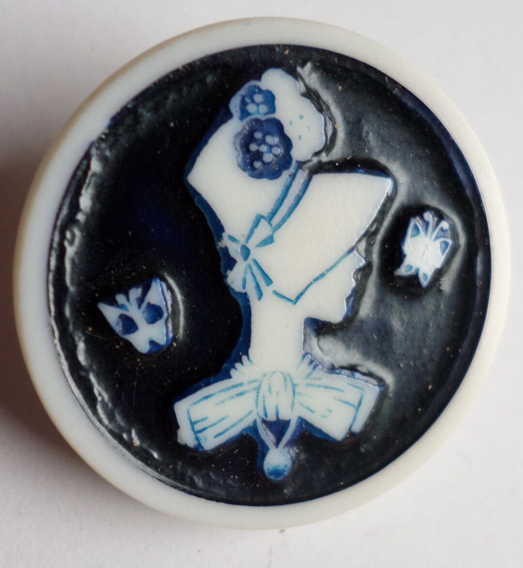 Vintage Plastic Artid Button Lady Wearing Hat on Navy Blue Background 1 ...