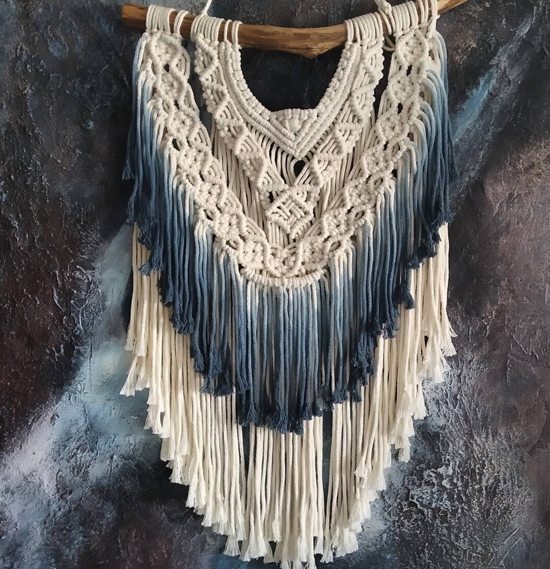 Blue Dip Dyed Macrame Wall Hanging, Ombre Wall Art, Dyed Macrame ...