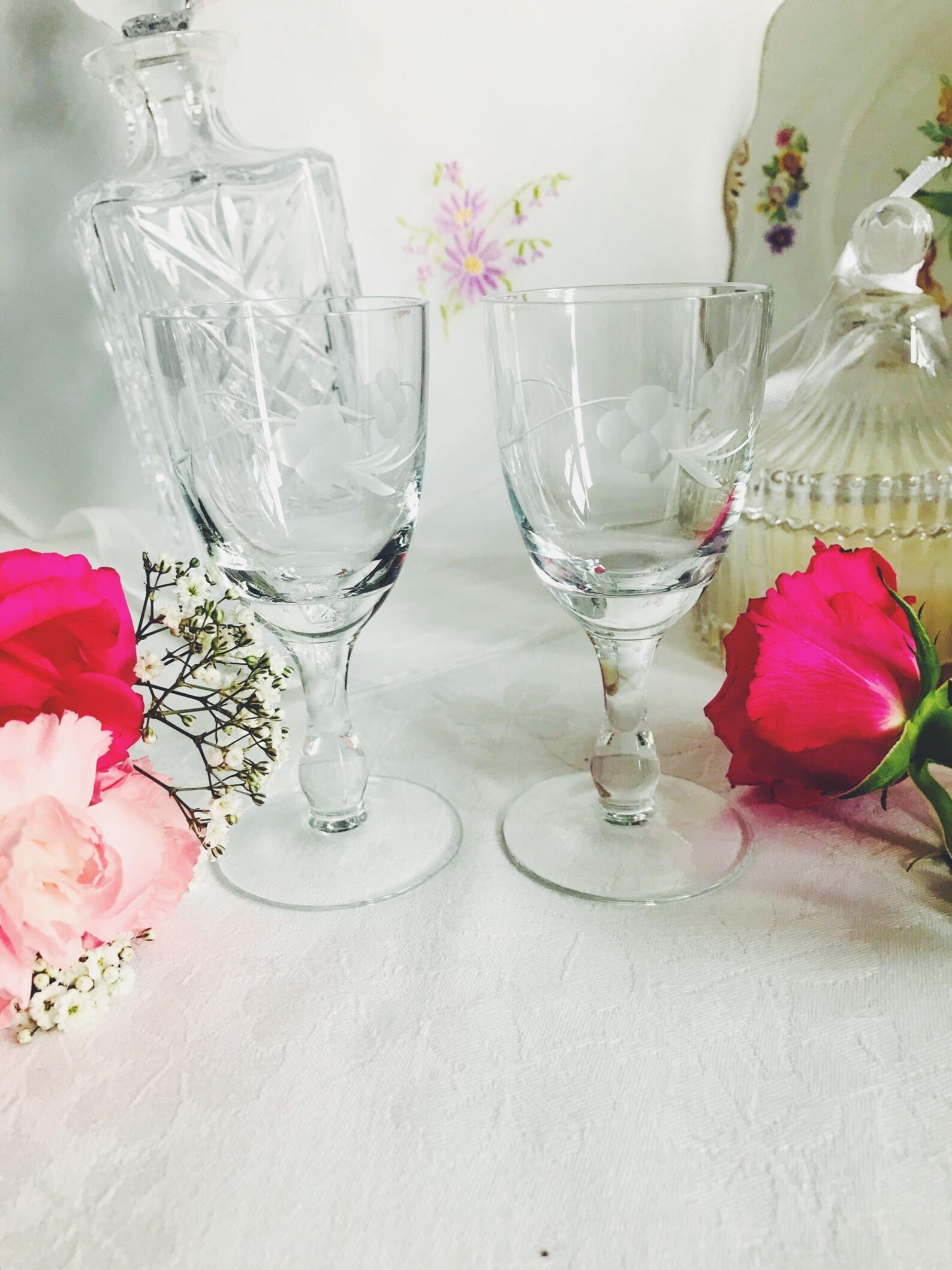 Pair Of Vintage Etched Floral Sherry Glasses Etsy
