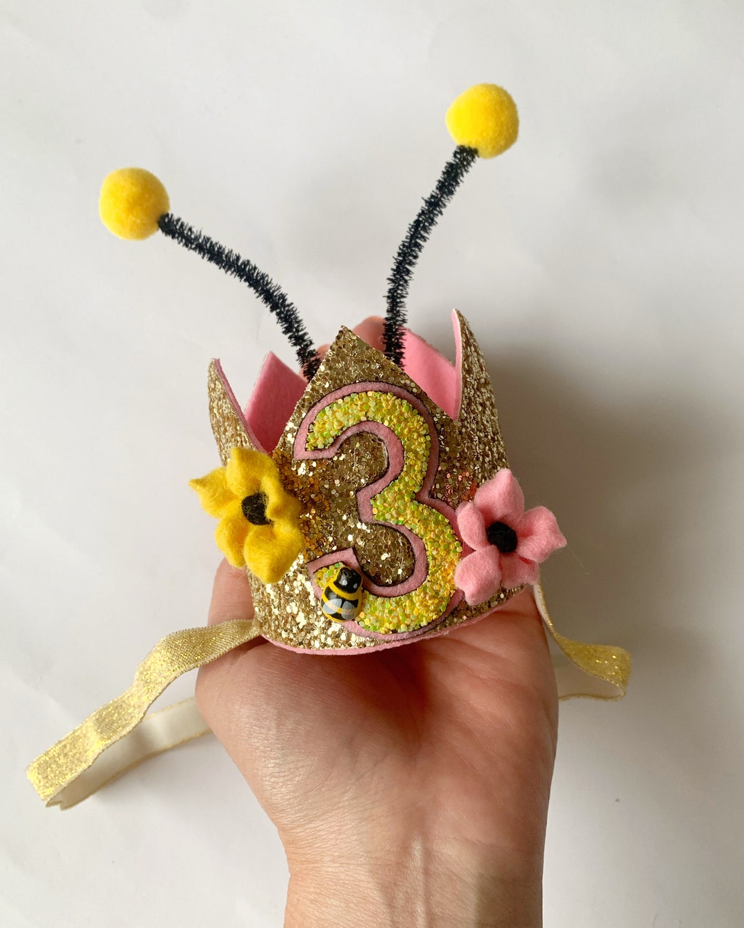 Gold Bumble Bee Crown Number 3 With Pink and Yellow Bumblebee Birthday ...