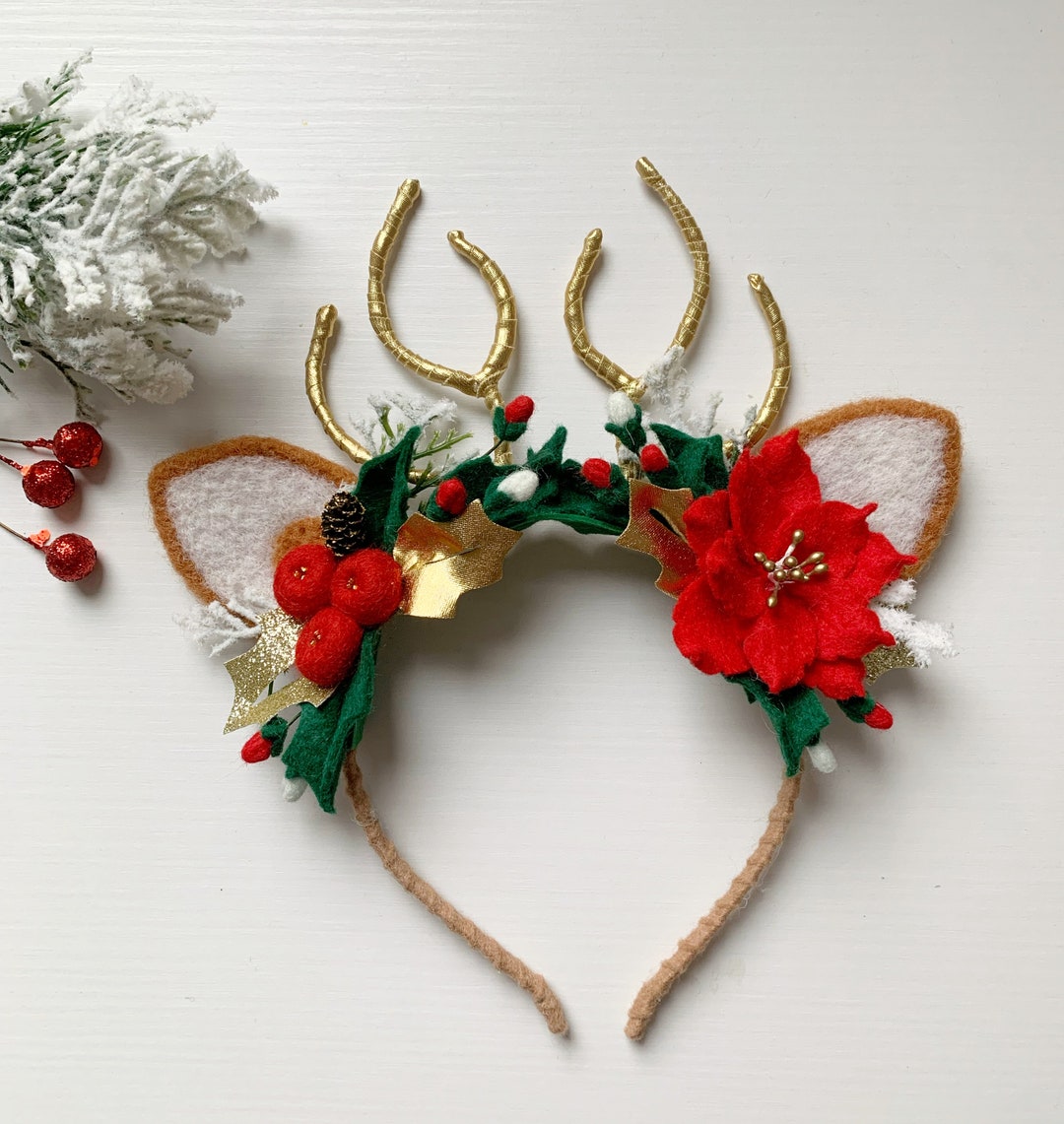 Christmas Reindeer Headband: Gold Antler, Felt Flower Crown - Etsy