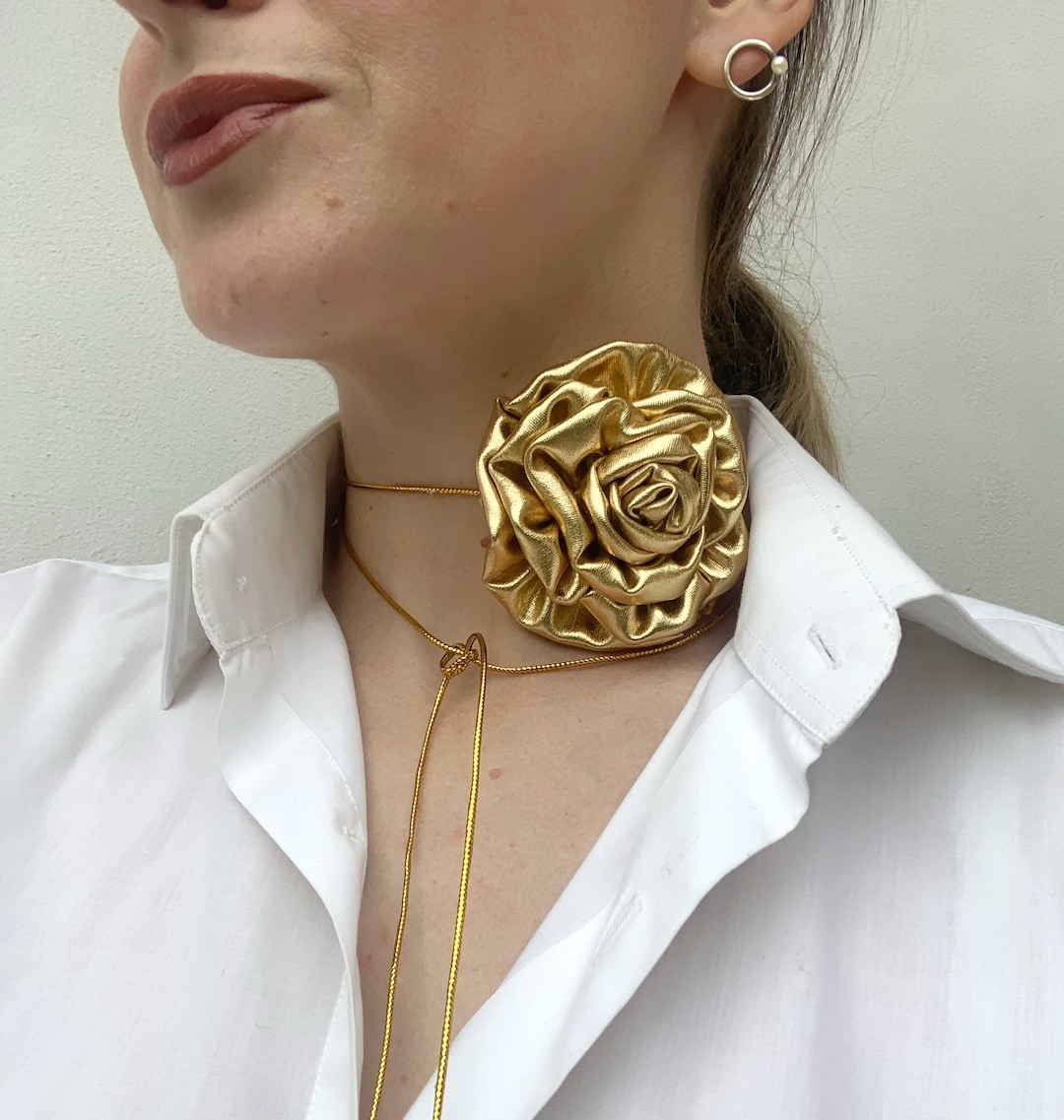 Gold Rose Choker Necklace Gold Flower Choker to Tie Back Handmade ...