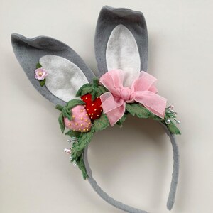 Gray Bunny Ears Headband Coquette Bow Bunny Ears With Strawberry Easter ...
