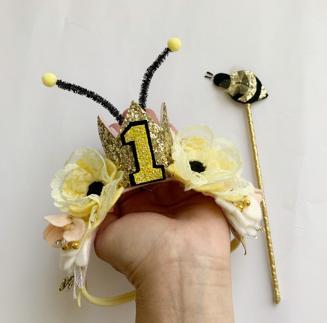 Queen Bee 1st Birthday Crown, Gold Glitter Bumblebee Headband - Etsy