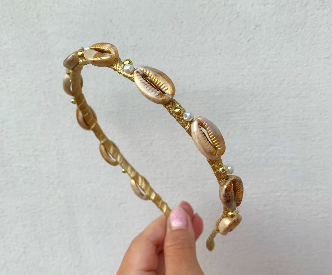 Gold Cowrie Crown Headband With Faux Pearls and Beads Faux Cowrie ...