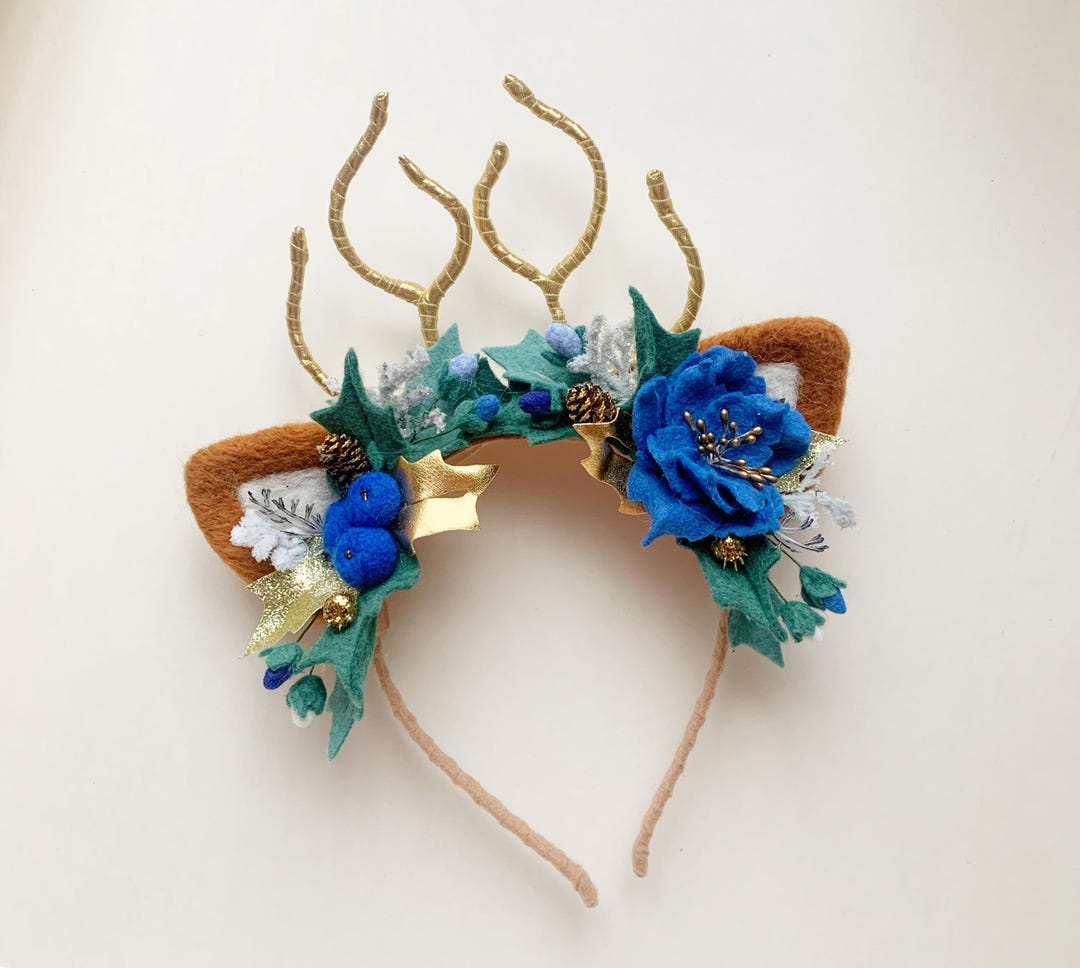 Gold Antler Deer Flower Crown Christmas Reindeer Headband With ...