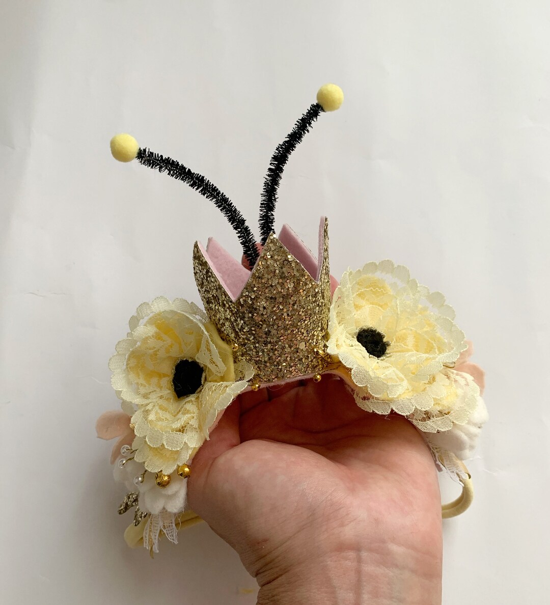 Queen Bee Crown Headband: Gold Glitter, Lace Flowers & Antenna - Etsy