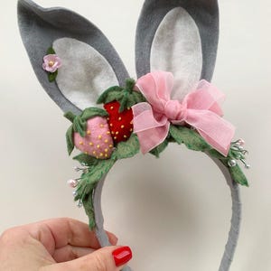 Gray Bunny Ears Headband Coquette Bow Bunny Ears With Strawberry Easter ...