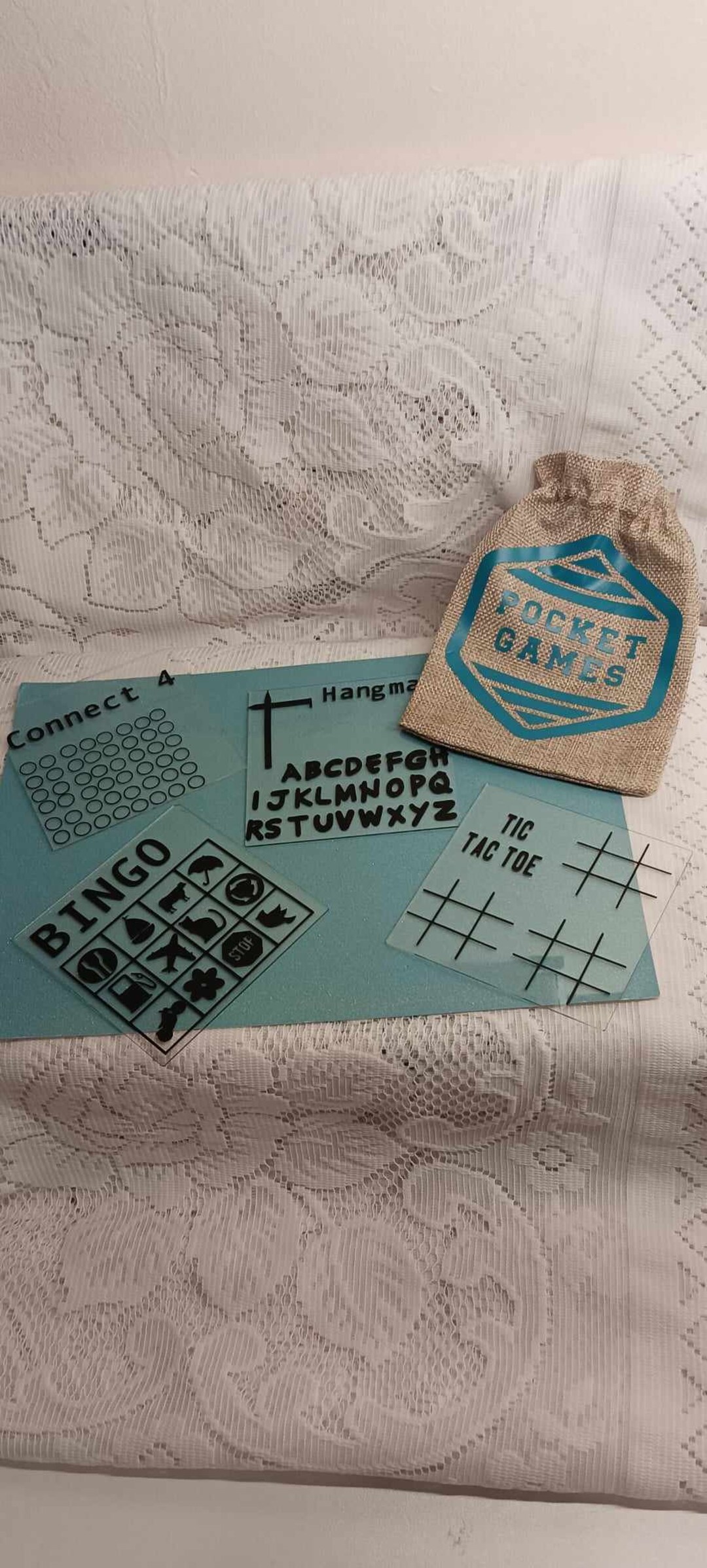 Travel Games Bag With 4 Games, Dry Wipe Pen and Duster. Hangman ...