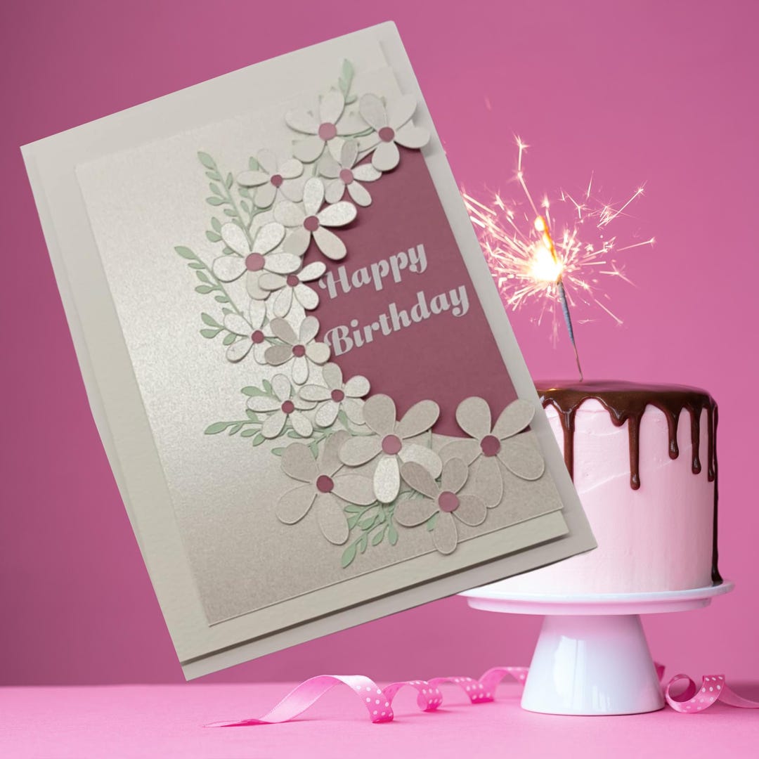 Handmade Pearlescent Birthday Card With Flowers - Etsy