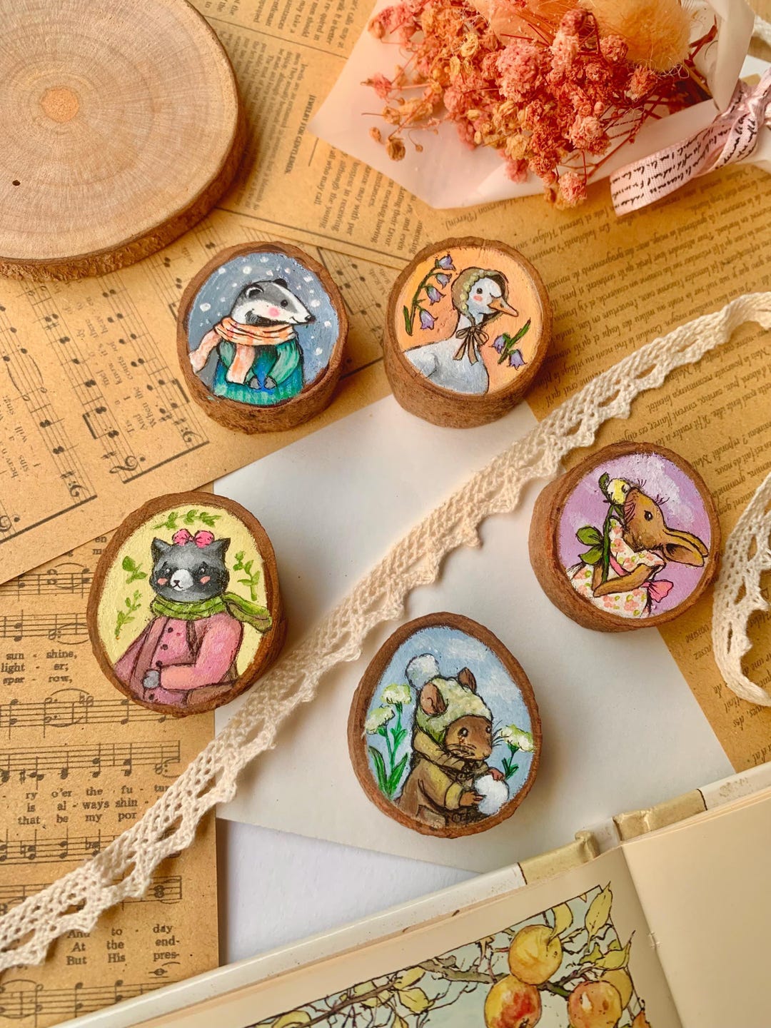 Handmade Acrylic Animal Painting on Wood Slice – Enchanted Forest Decor ...