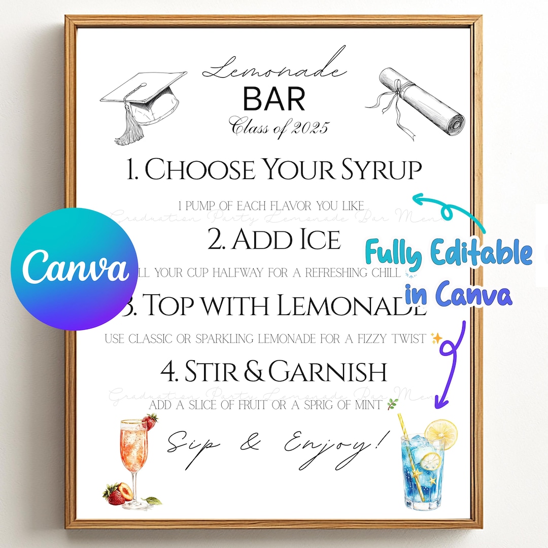 Custom Graduation Party Lemonade Bar Recipe Editable Menu Sign Canva ...