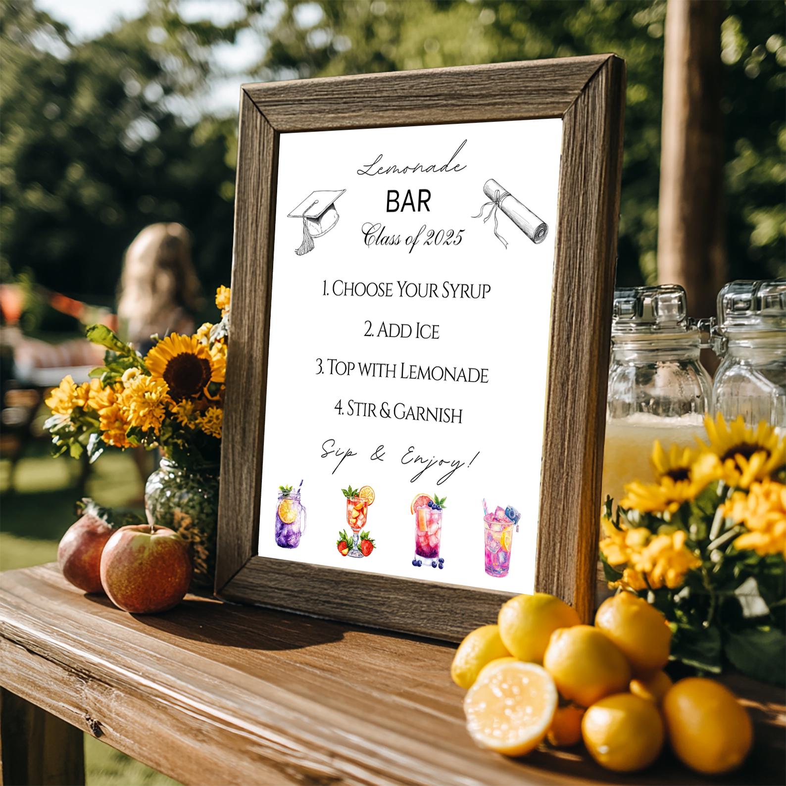 Custom Graduation Party Lemonade Bar Recipe Editable Menu Sign Canva ...