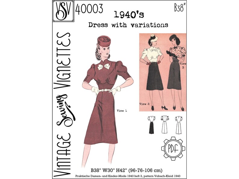 1940 Dress With Variations B96 Cm 38 PDF Sewing Pattern VSV 40003 - Etsy
