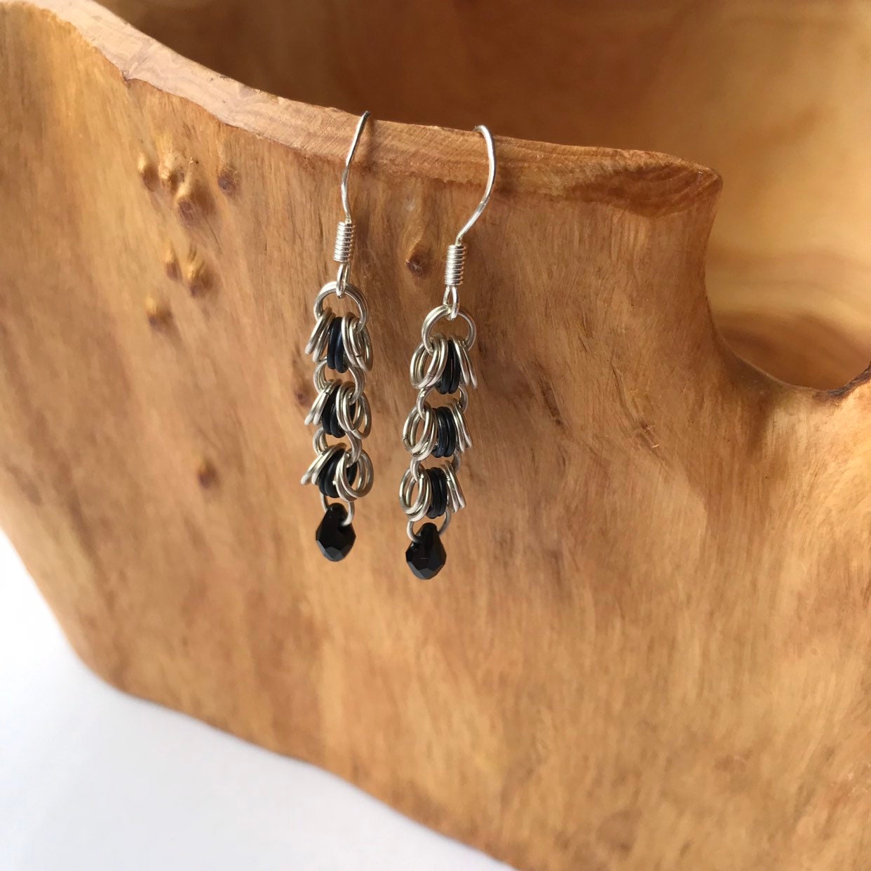 Sterling Silver Chainmaille Earrings, Black Swarovski Crystal Earrings, Sterling Silver Shaggy ...
