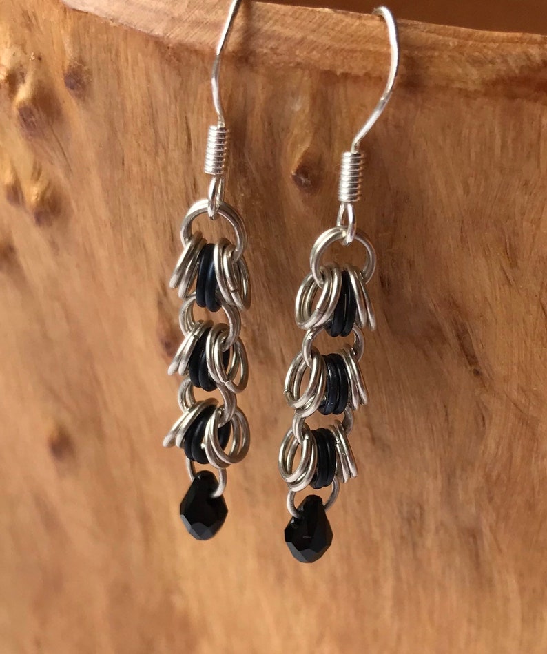 Sterling Silver Chainmaille Earrings, Black Swarovski Crystal Earrings, Sterling Silver Shaggy ...