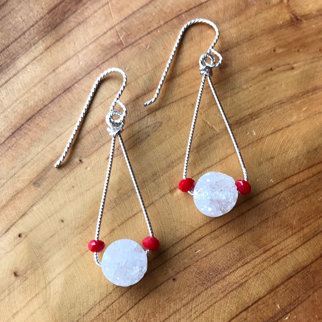 Druzy Quartz Earrings, White Druzy, Red Crystal Earrings, Gift For Her ...