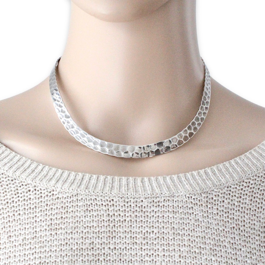 Vintage Sterling Silver Collar Necklace, Wide Choker With Hammered ...
