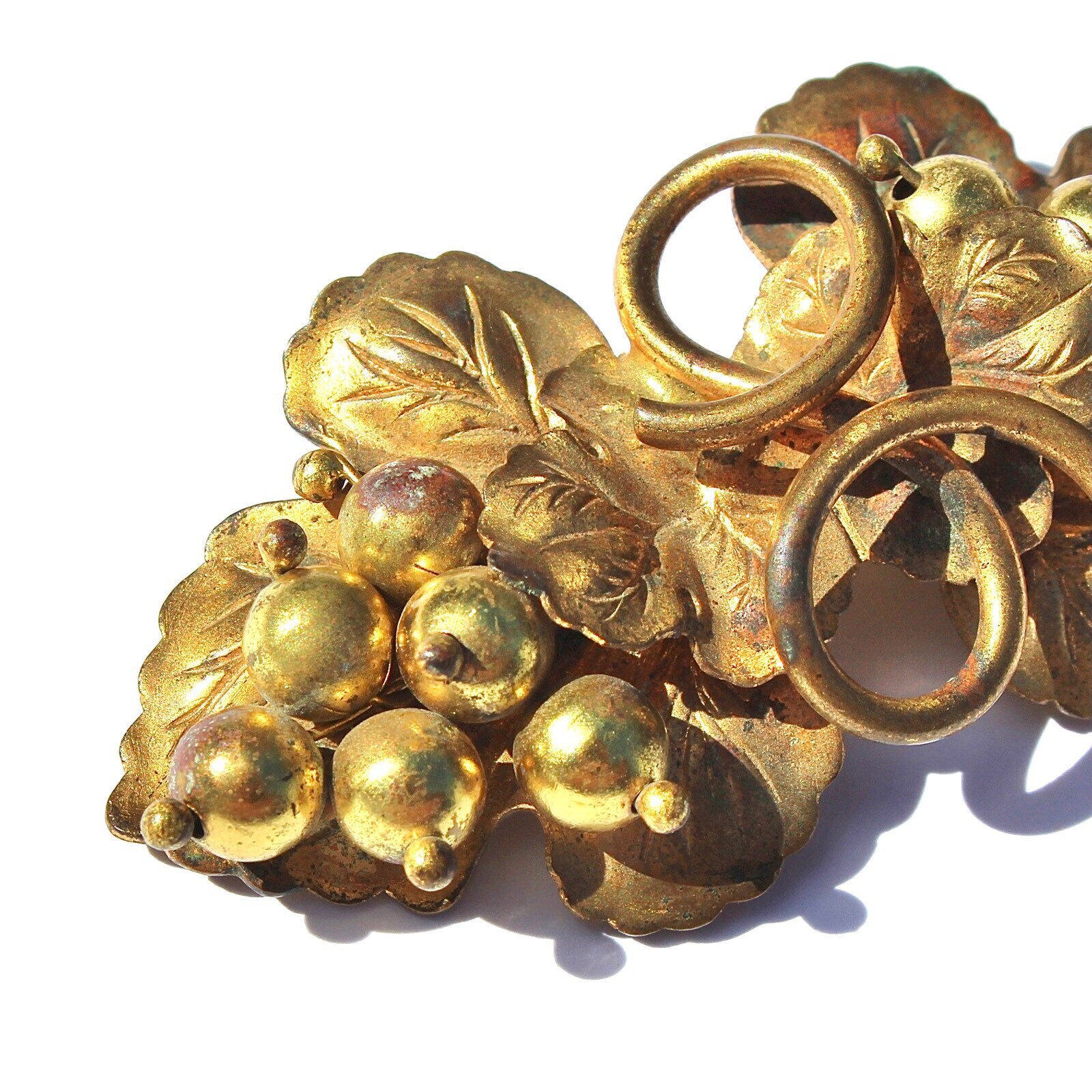 Antique Grape Cluster Brooch, Gilt Brass Grapes and Leaves, C Clasp ...