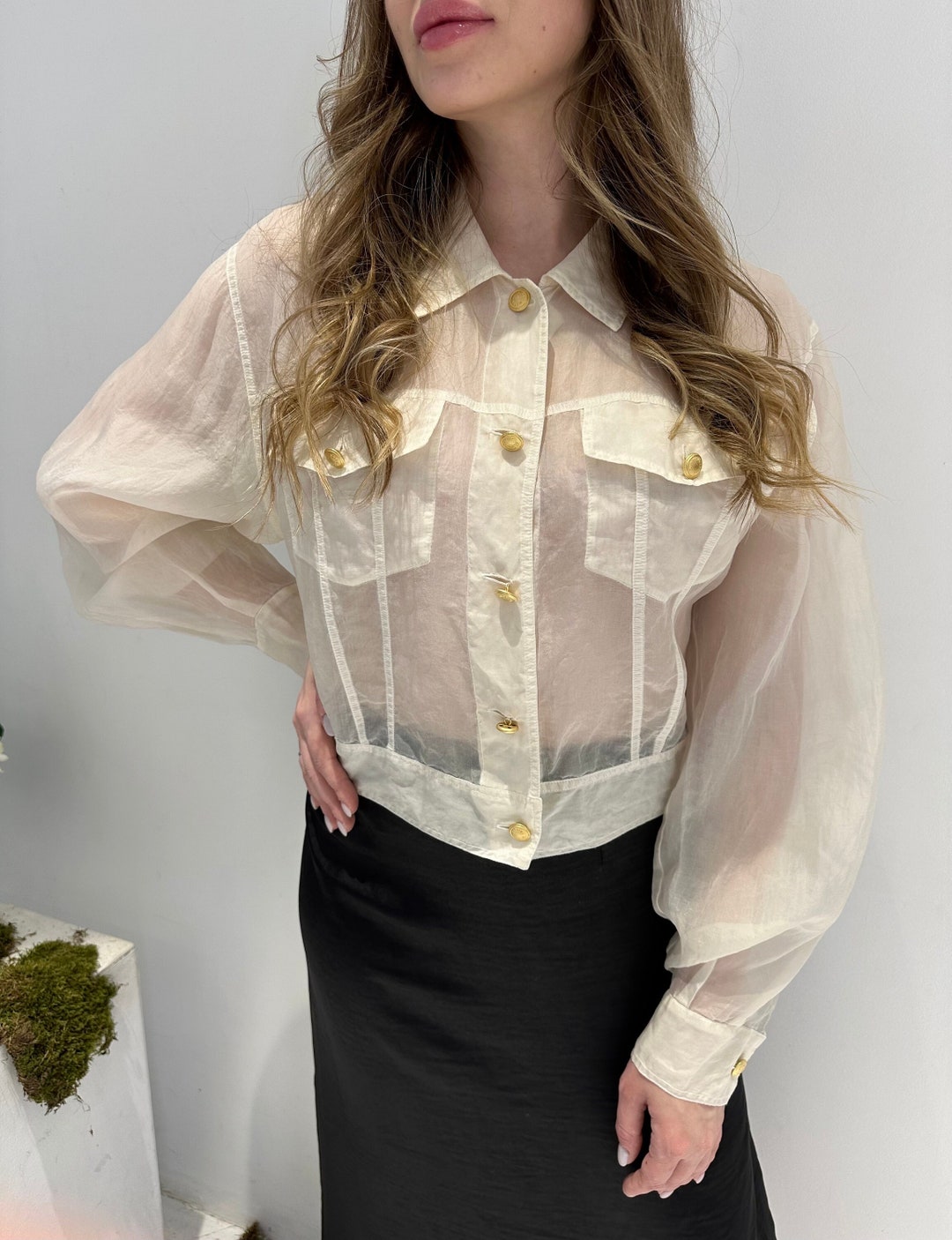 Vintage 90s Moschino Cream Sheer Blouse, Gold Button up Shirt - Etsy