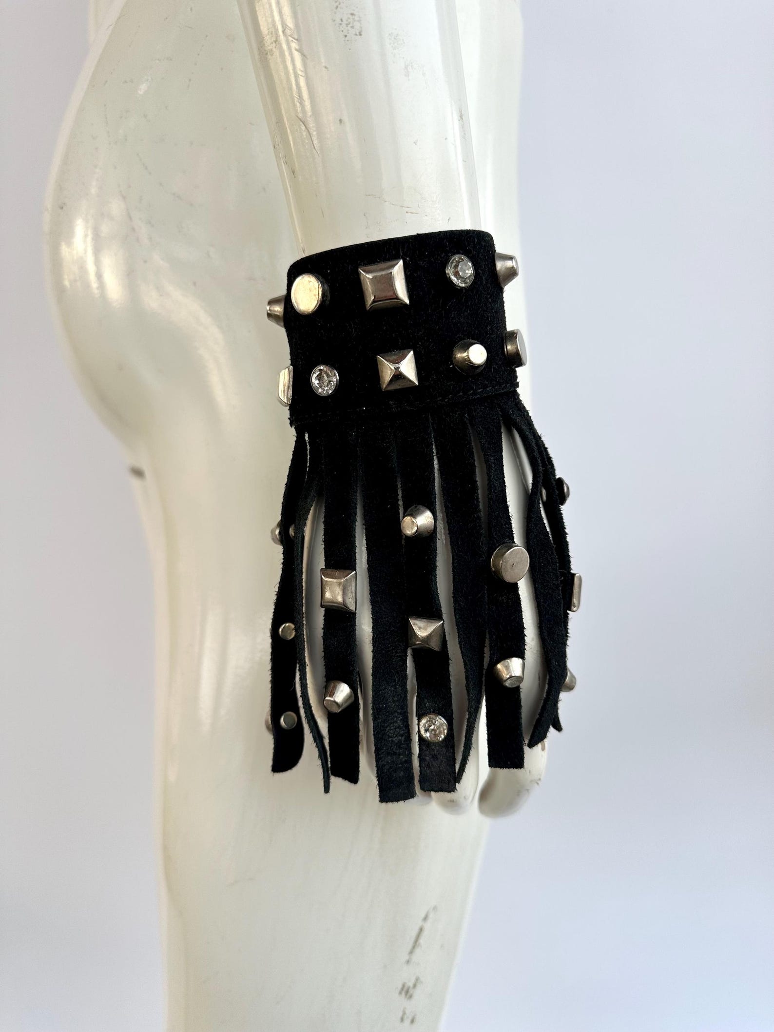 Blumarine Vintage Suede Fringe Cuff Bracelet – Studded & Rhinestone ...