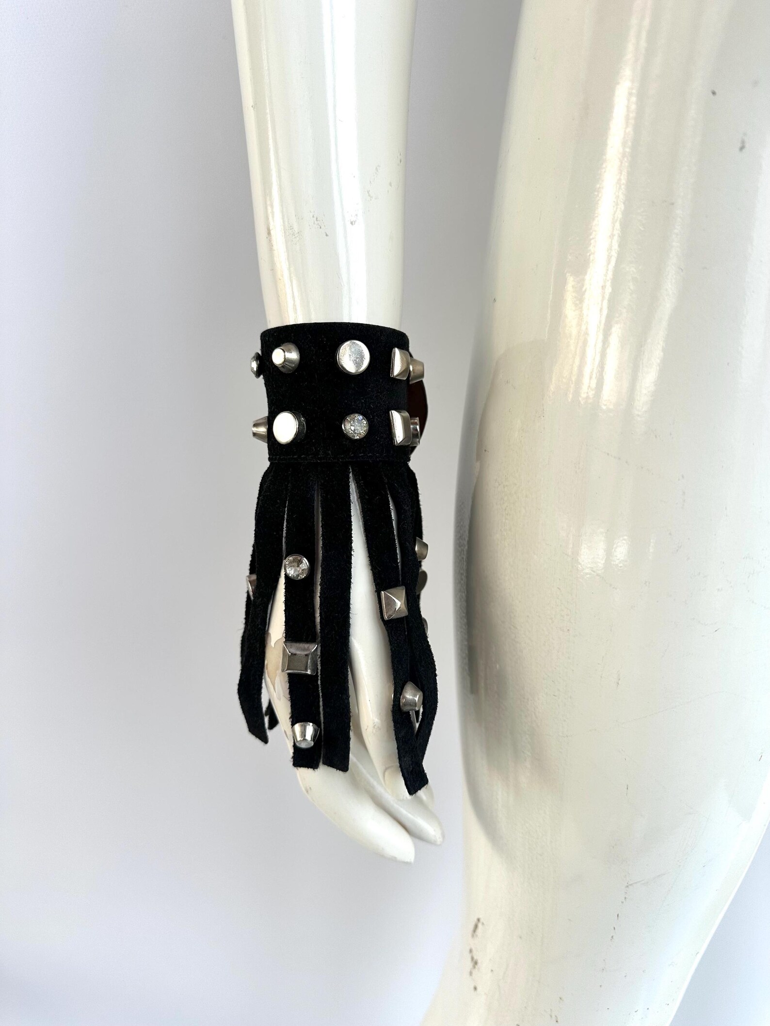 Blumarine Vintage Suede Fringe Cuff Bracelet – Studded & Rhinestone ...