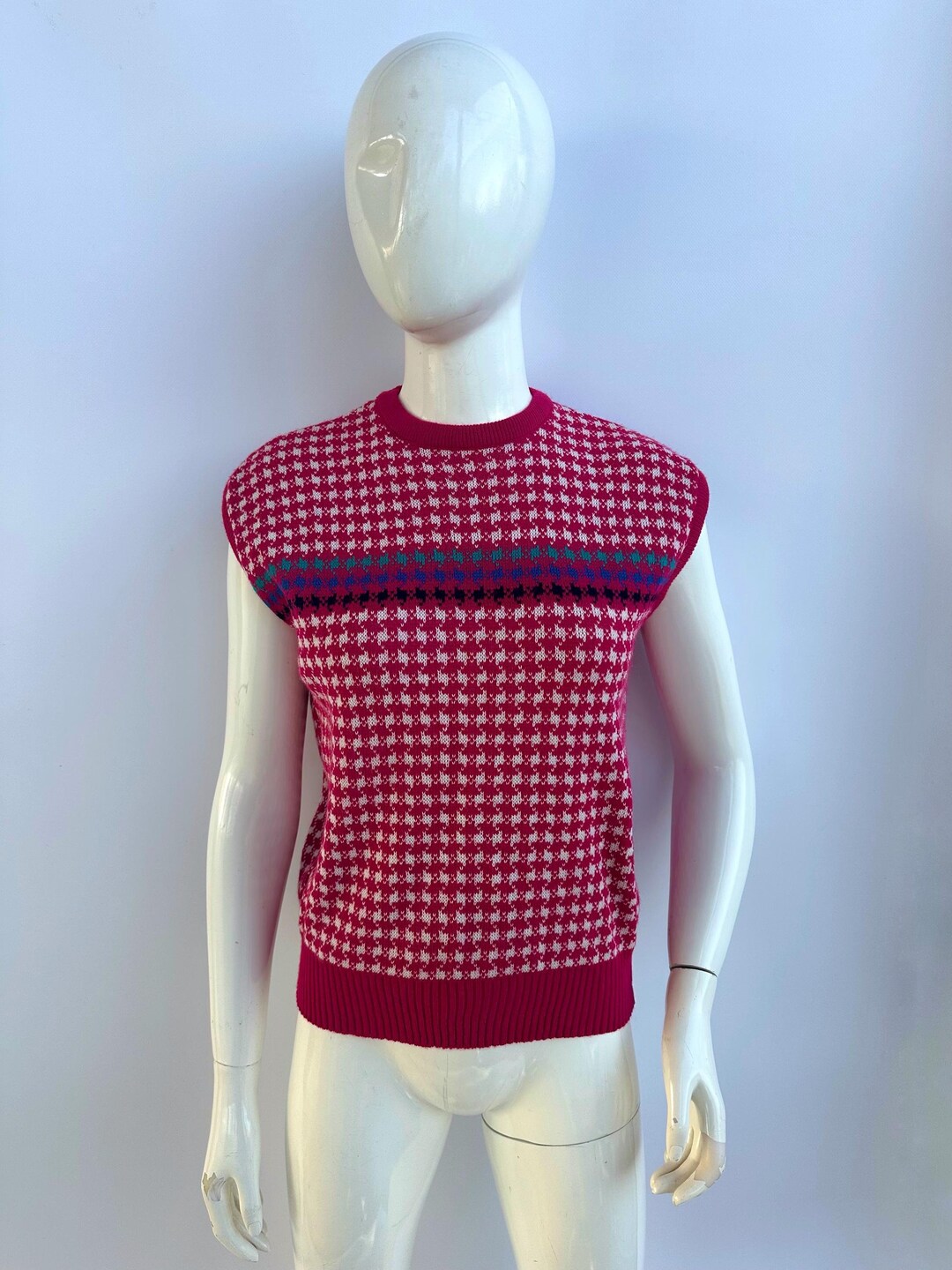 Y2k Vintage Knitted Hot Pink Vest, Houndstooth Print Tank Top - Etsy
