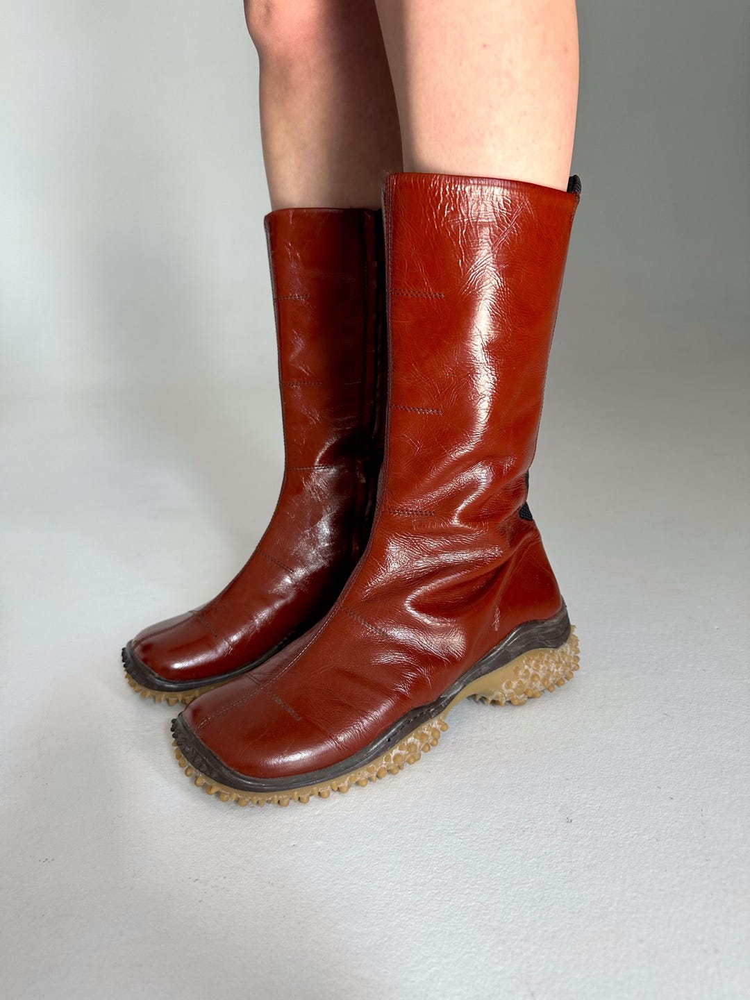 Vintage Brick Patent Leather Boots Tiggers, Studded Sole, Prada Style ...