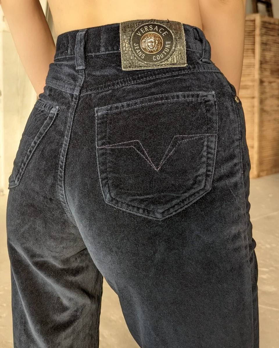 Vintage 90s VERSACE Velvet Pants. Extra Small Slim Navy Blue Vintage 90s VERSACE Velvet Pants. Extra Small Slim Navy Blue