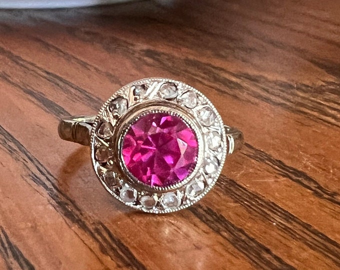 Antique French Old Cut Pink RUBY 14 Rose Cut DIAMOND Ring 18k White ...