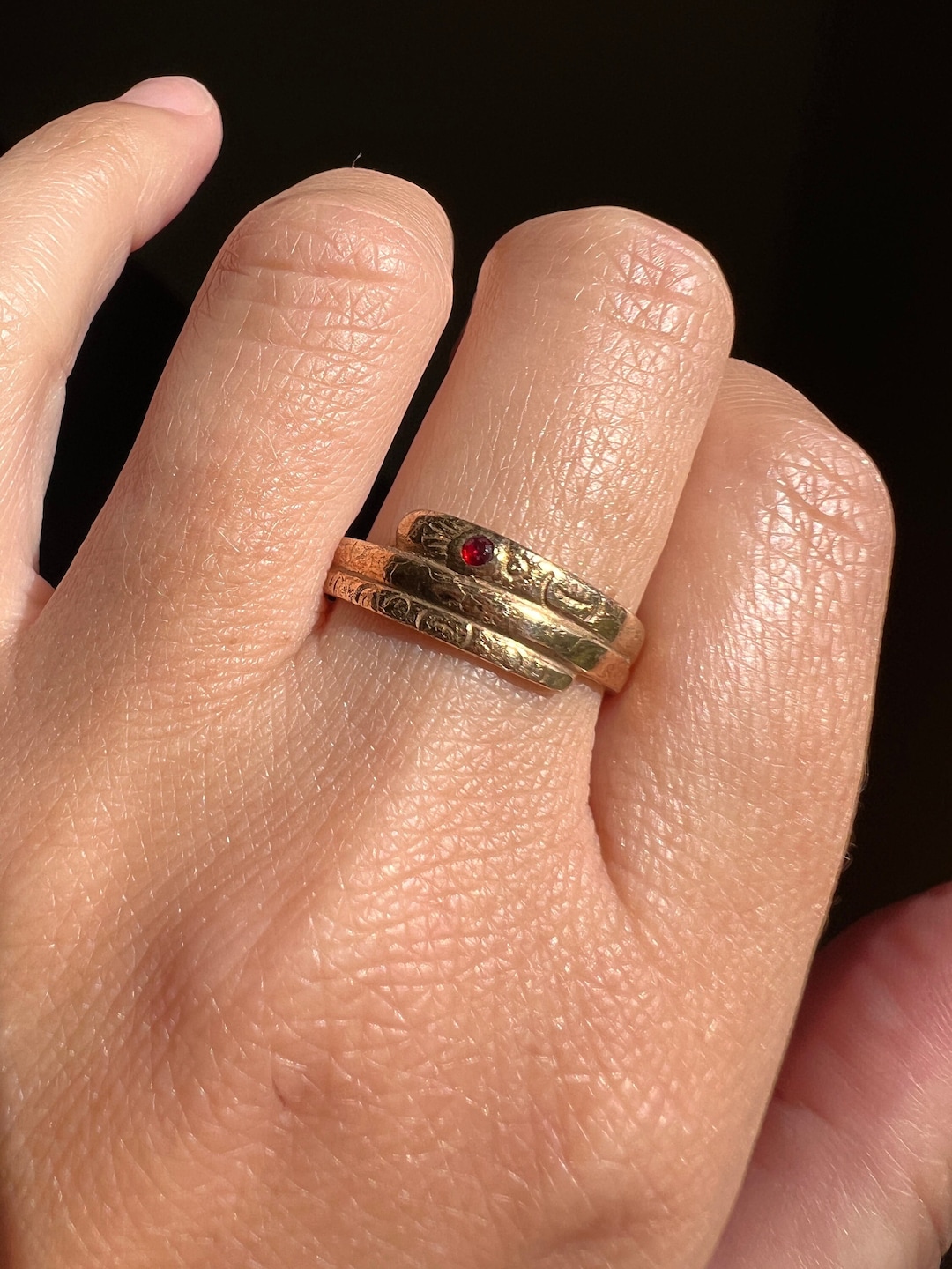 GEORGIAN Coiled Snake Unique STORY Wide Band Stacker Ring 18k Gold ...