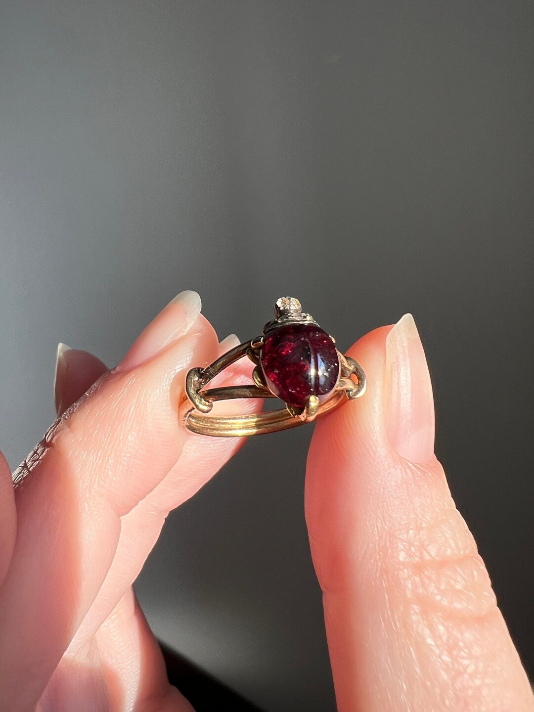 LADYBUG Garnet Rose Cut DIAMOND French Antique Figural Ring 18k Gold ...
