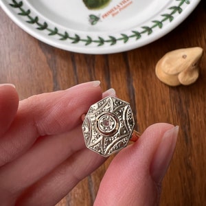 OCTAGON Shield French Antique Rose Cut Diamond 18k GOLD Ring Geometric ...
